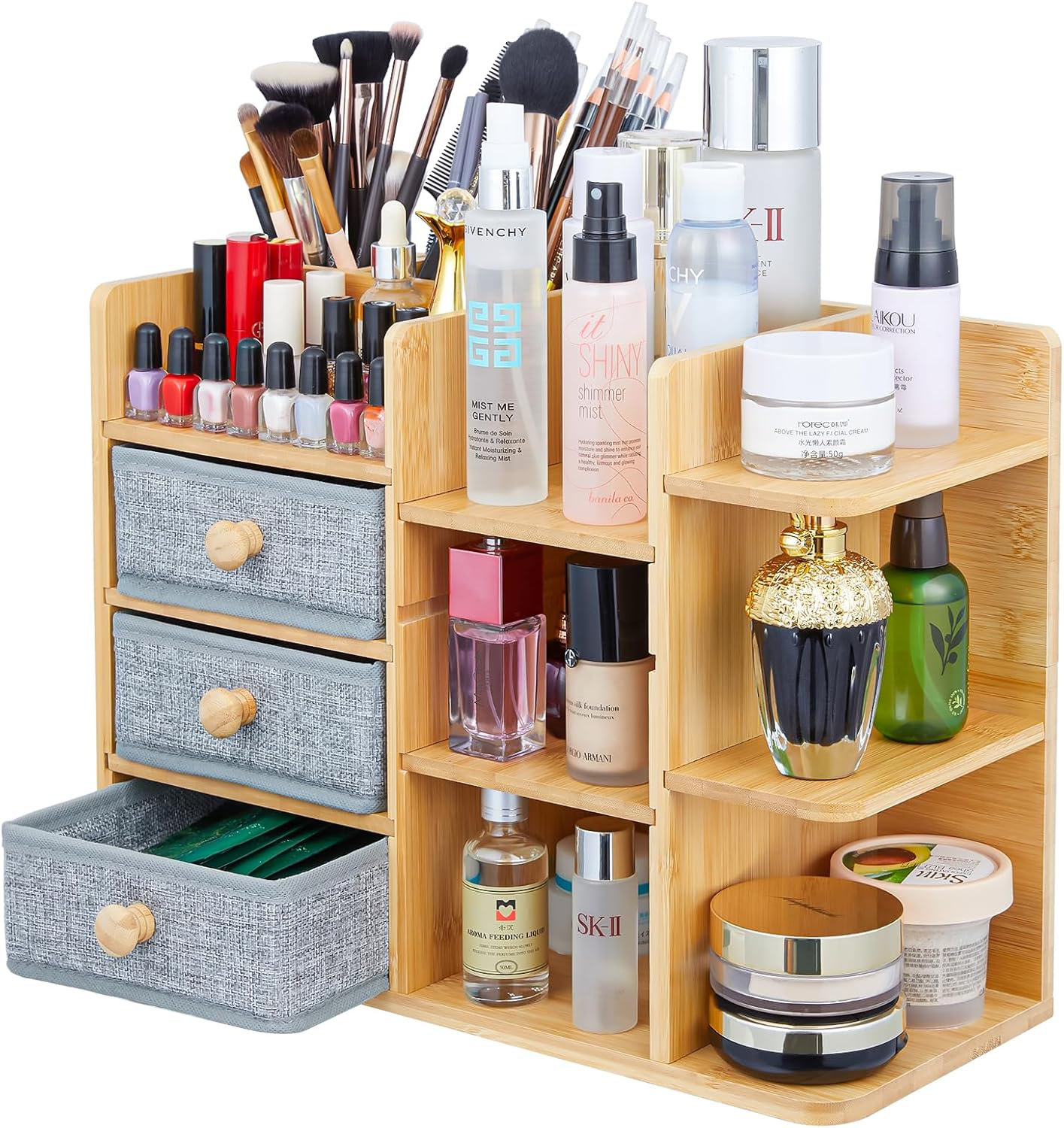Rebrilliant Makeup Organizer Countertop Cosmetic Skincare Organizers With 3 Makeup Brush Holders 3 Drawers 7 Storage Shelves Elegant Bamboo Make Up